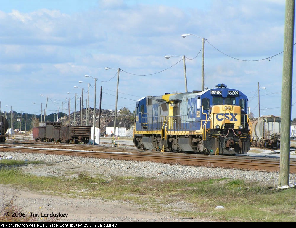 CSX 5502 is actually the trail on A030 work train at Goulding Yard. They are on their way to ...